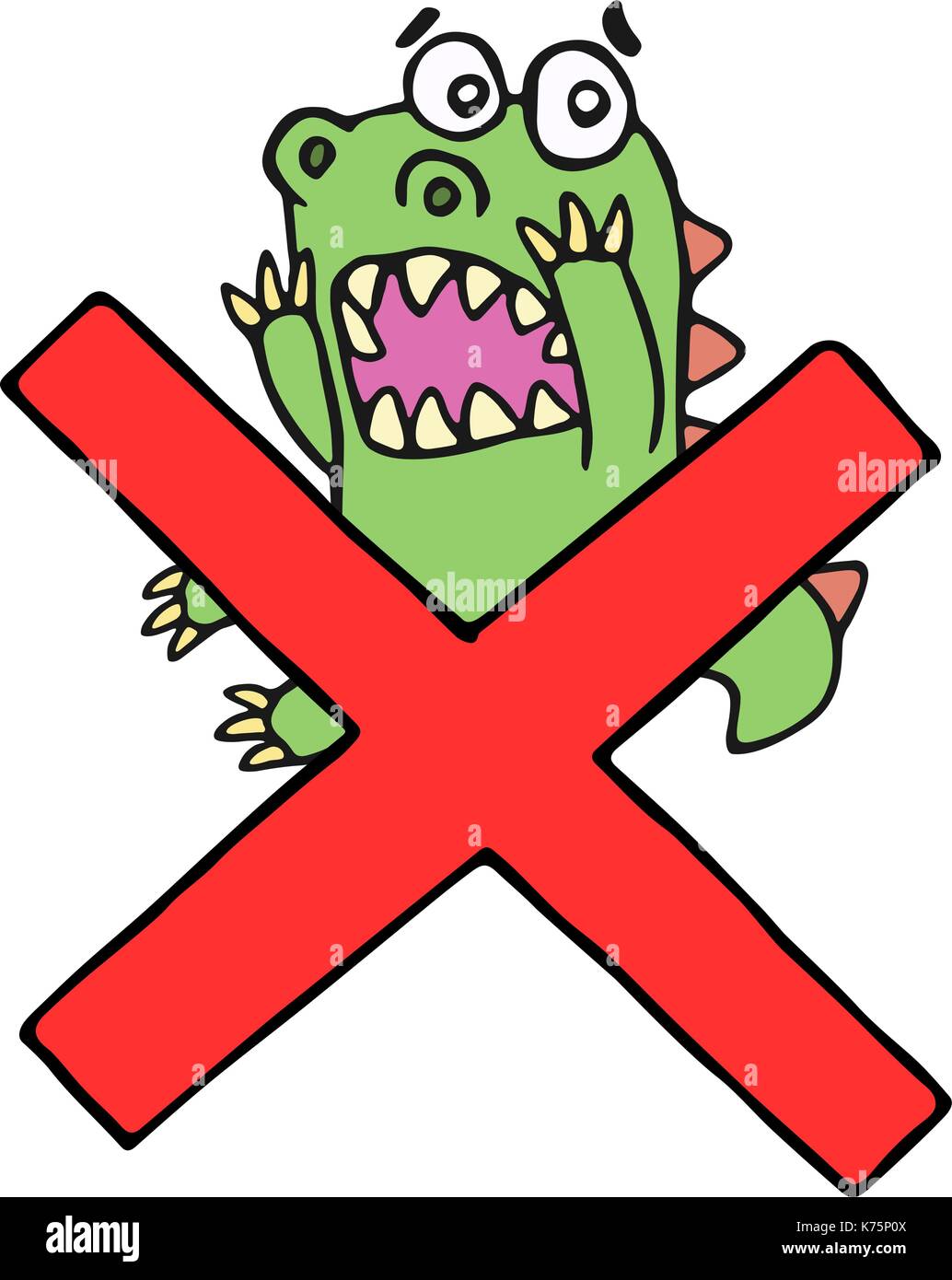 Funny frightened dinosaur and red cross mark. Vector illustration. Cute ...