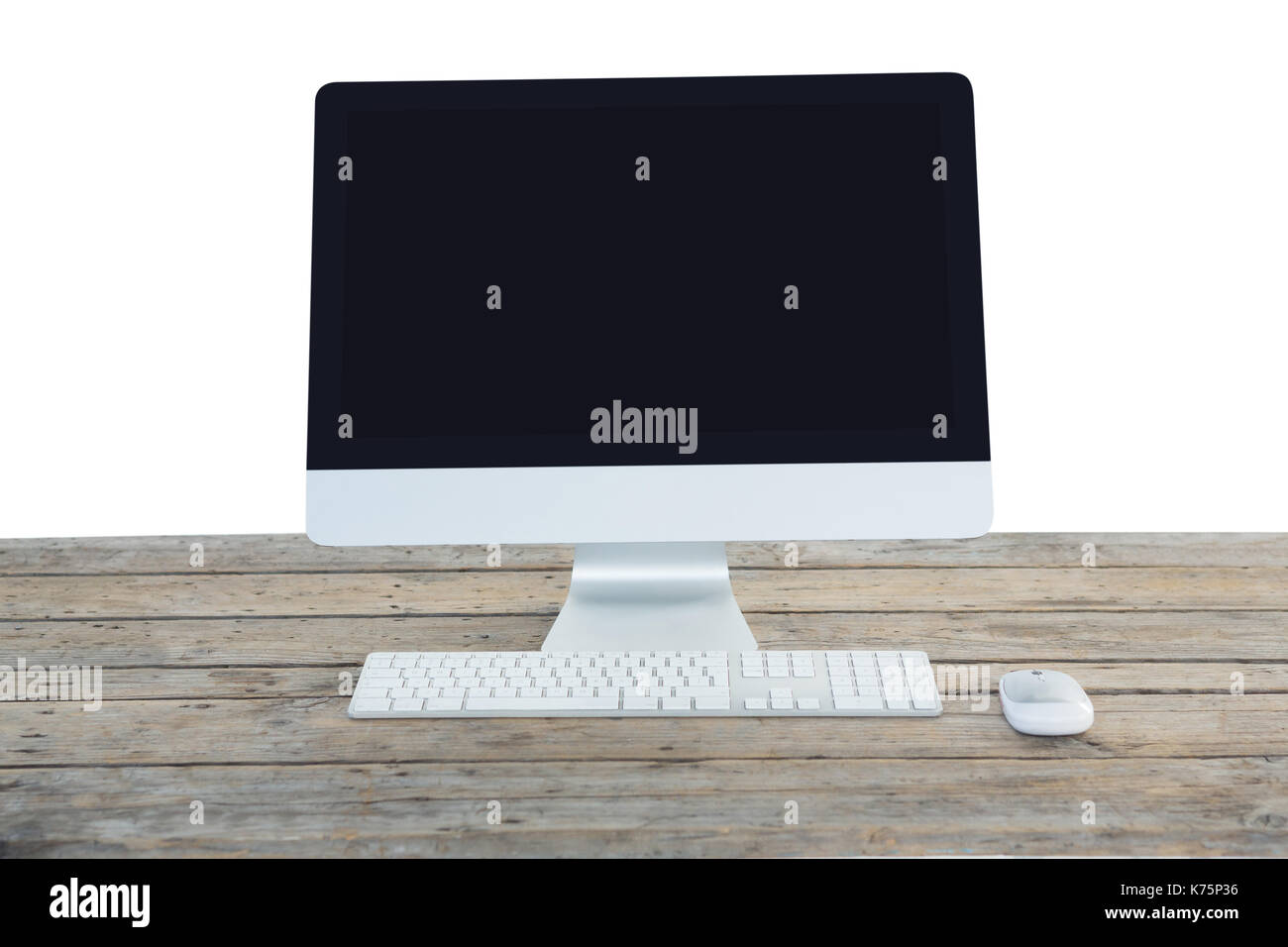 Desktop computer on wooden table against white background Stock Photo ...