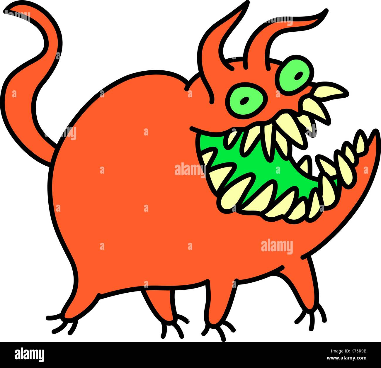 Cartoon cute red monster smiles and runs. Vector illustration. Funny ...