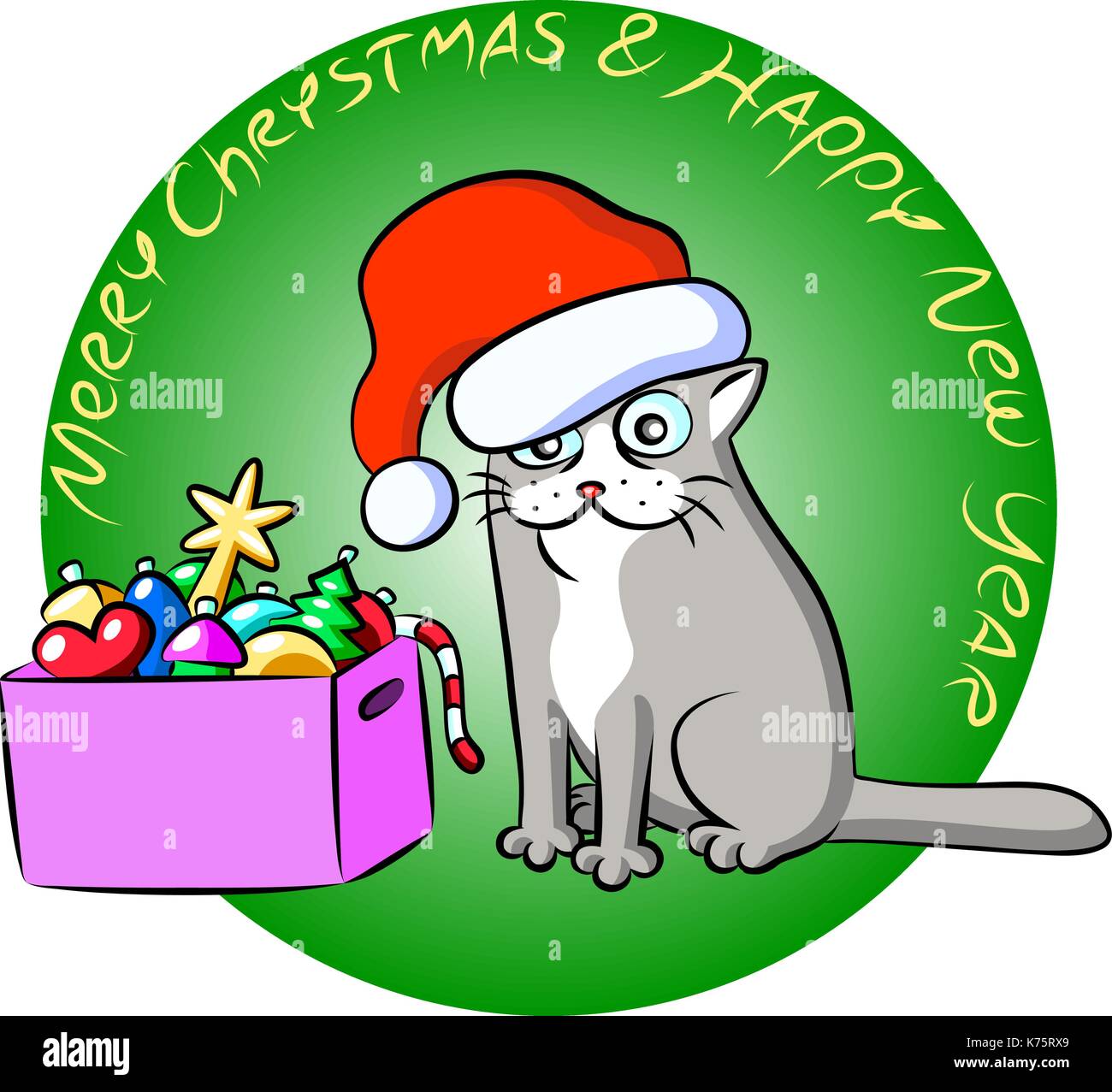 Christmas grey cat and a nox of toys. Vector Illustration. Cheerful ...