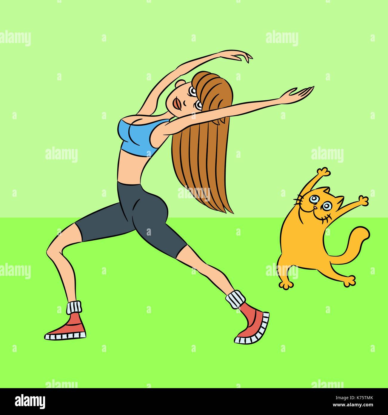aerobics with the cat. standing exercises. green background. vector ...