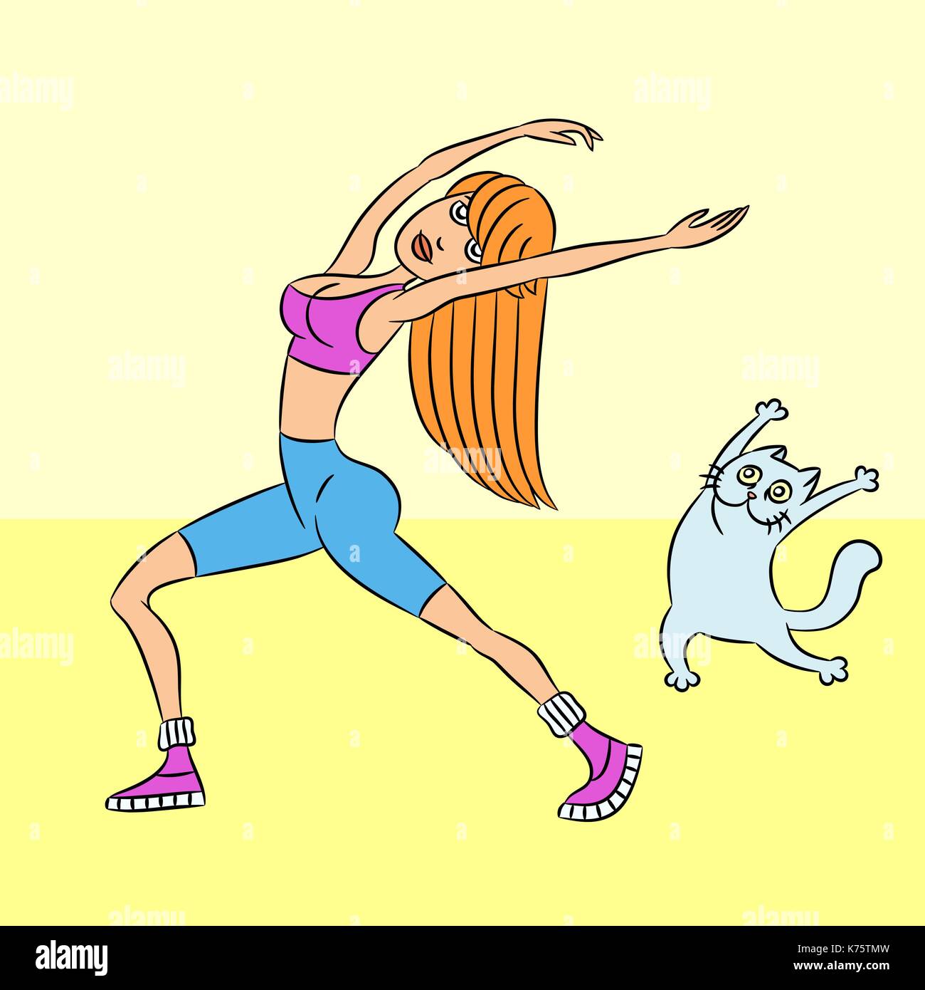gymnastics with the cat. standing exercises. yellow background. vector ...