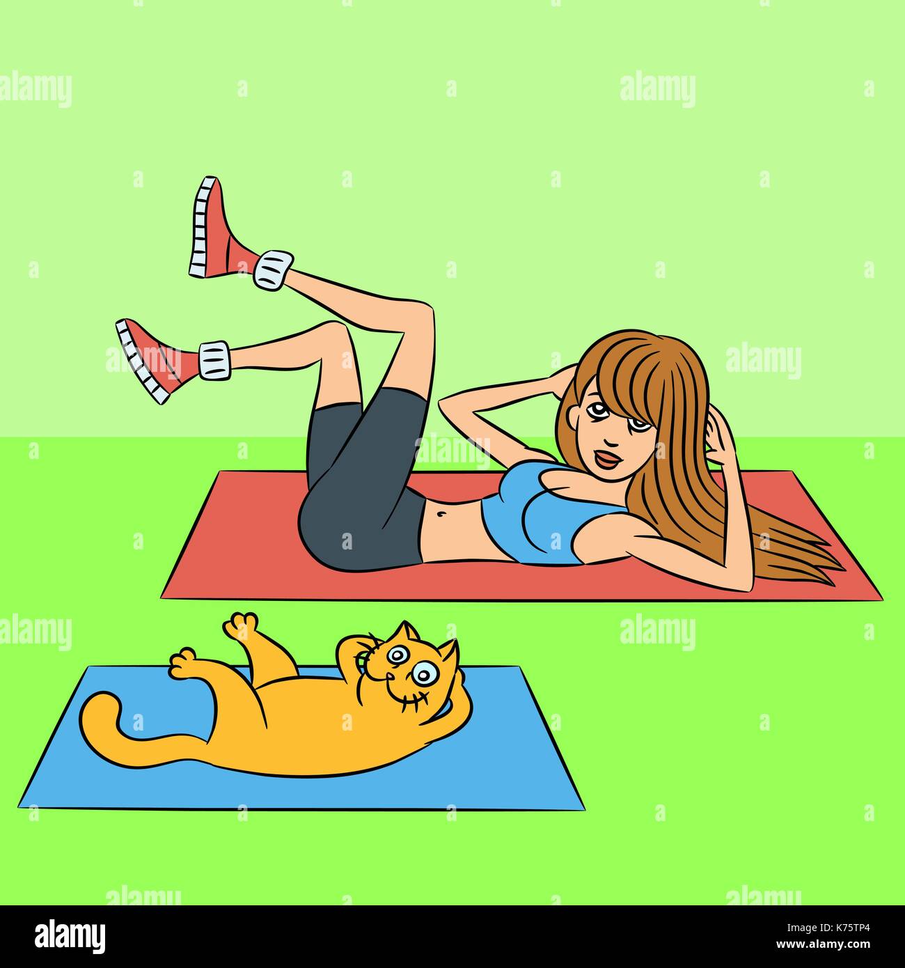 aerobics with the cat. exercises lying down. green background. vector ...