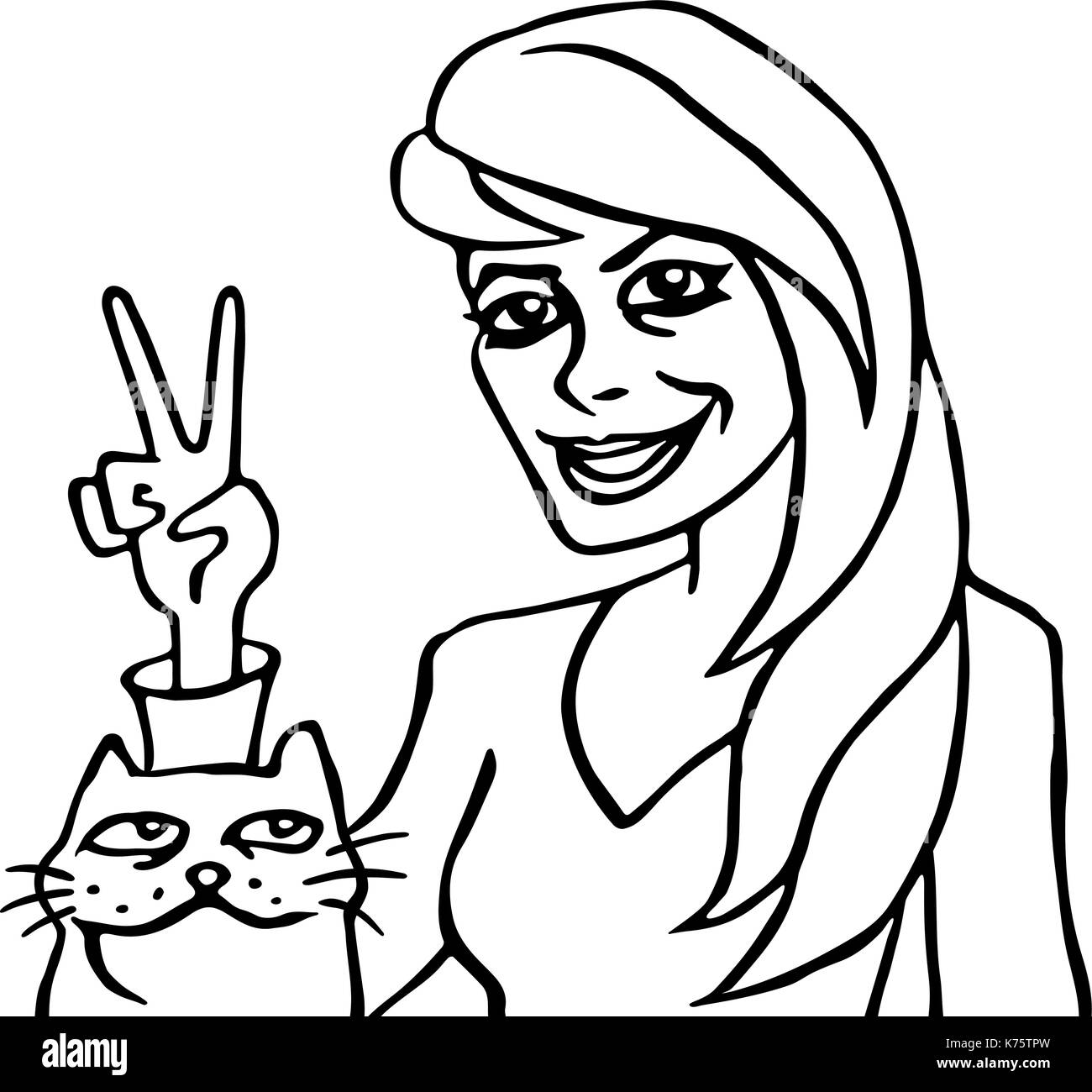 She and her cat. funny cartoon characters. vector illustration Stock ...