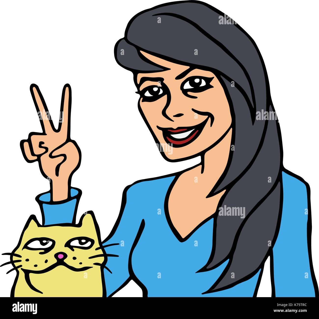 She and Her Cat. Party time. Funny Cartoon Characters. Vector ...