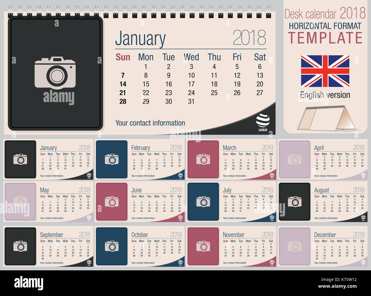 Useful desk triangle calendar 2018 template with space to place photos ...