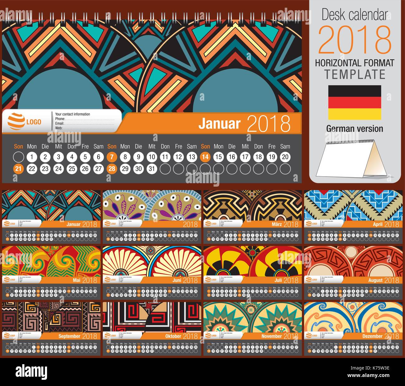 Desk triangle calendar 2018 template with native rosettes design. Size ...