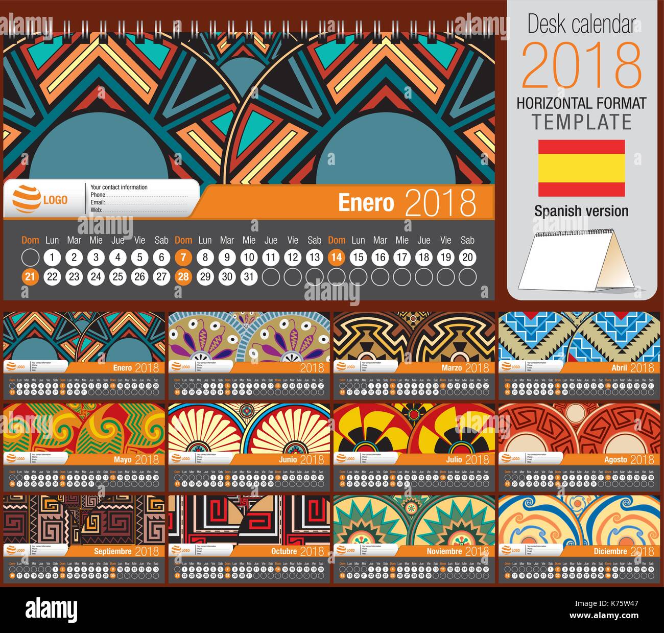 Desk triangle calendar 2018 template with native rosettes design. Size ...