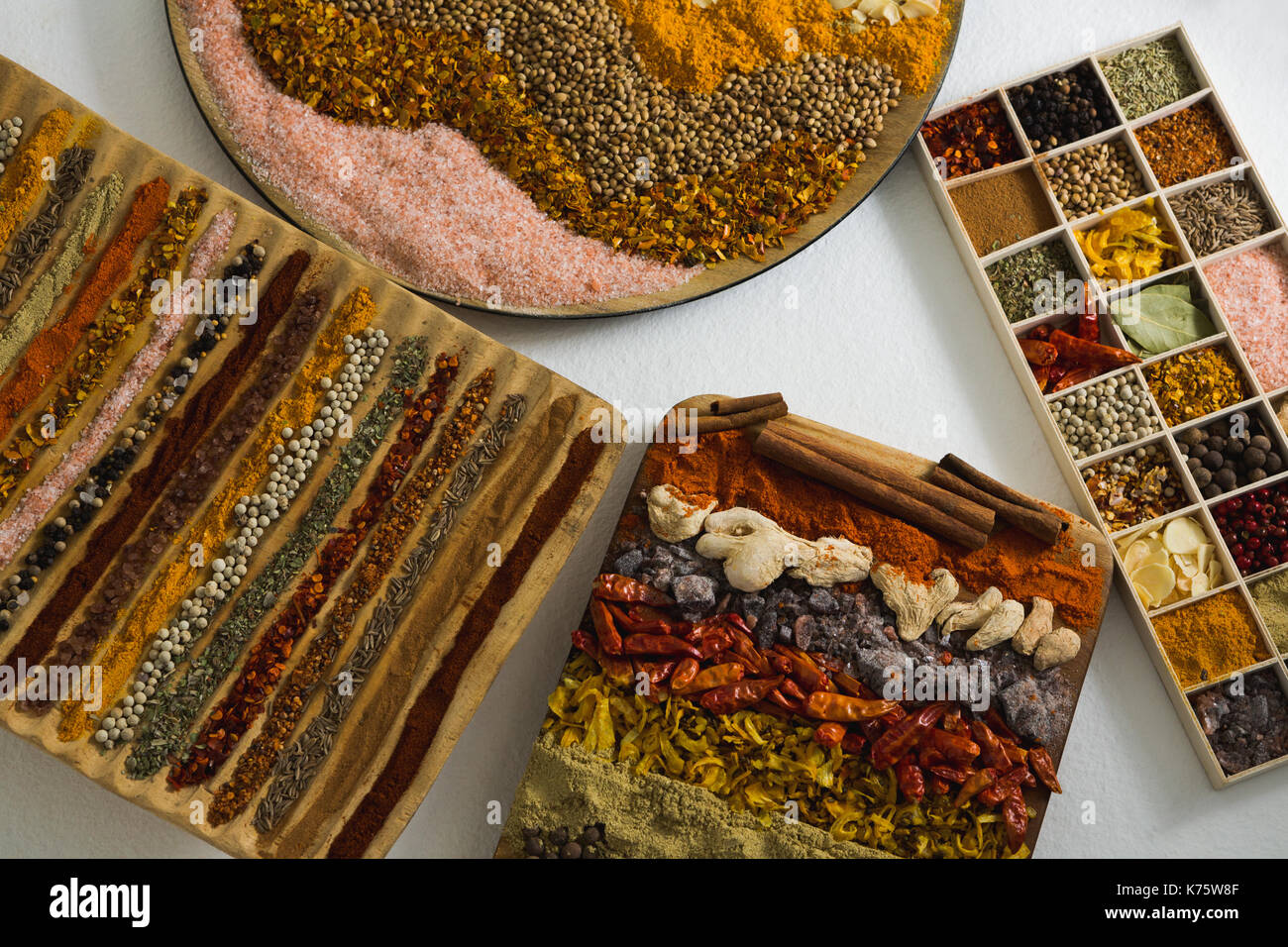 Overhead of various spices arranged in tray Stock Photo - Alamy