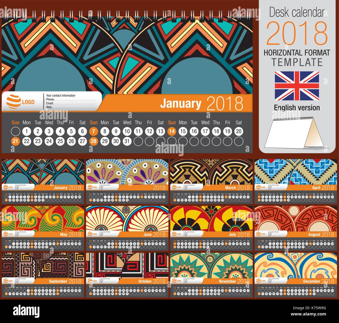 Desk triangle calendar 2018 template with native rosettes design. Size ...