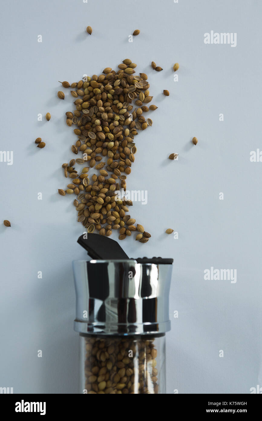Coriander seeds spilling out of bottle on white background Stock Photo ...