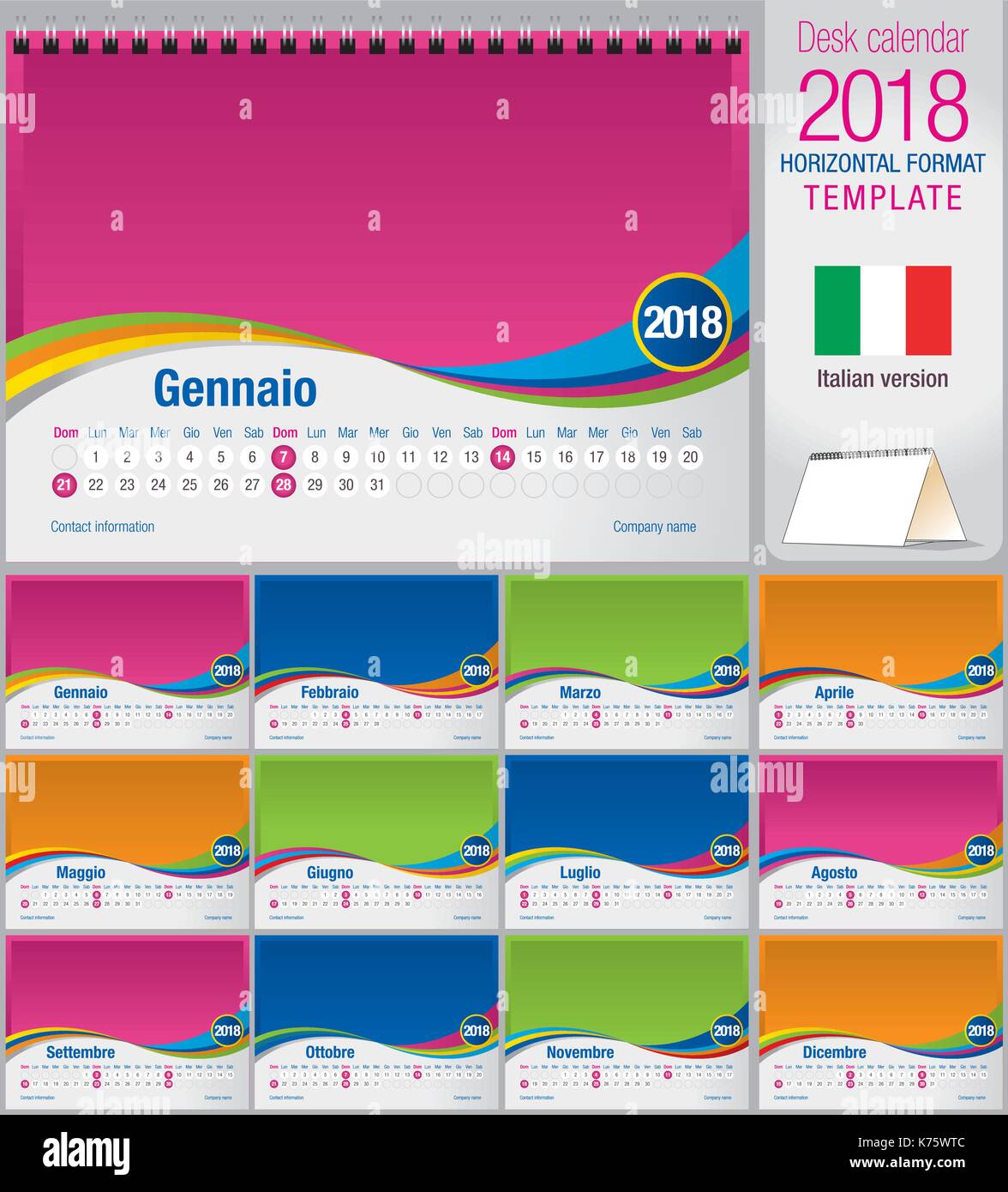 Desk triangle calendar 2018 colorful template. Size: 210mm x 150mm ...