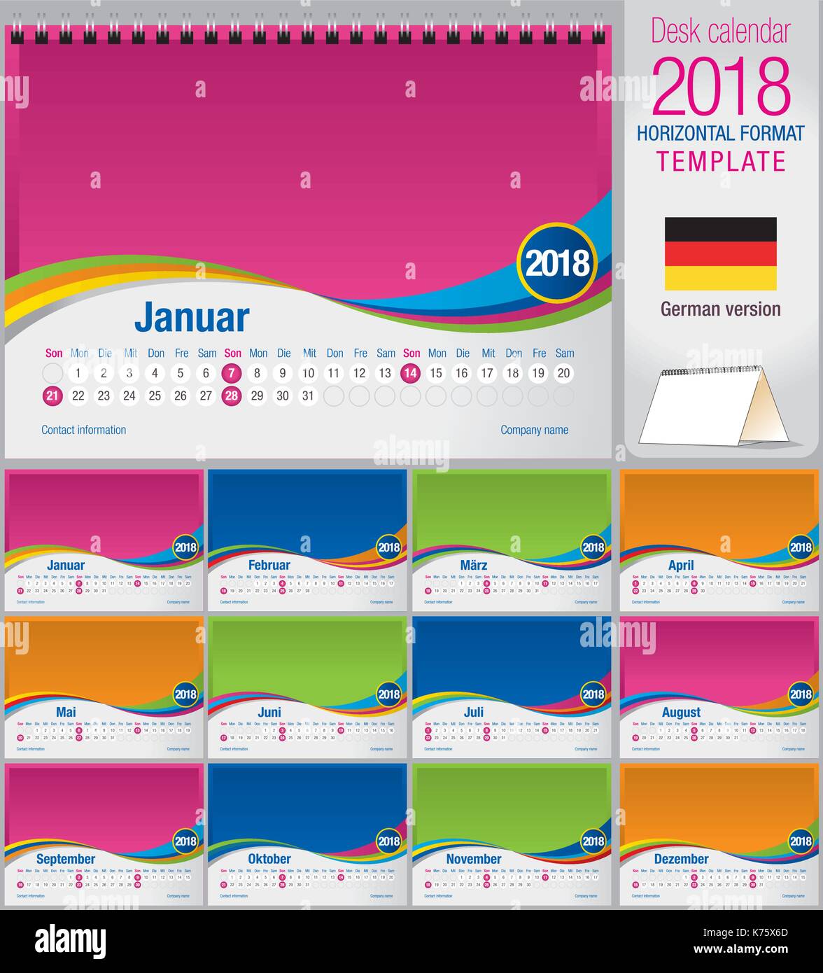 Desk triangle calendar 2018 colorful template. Size: 210mm x 150mm ...