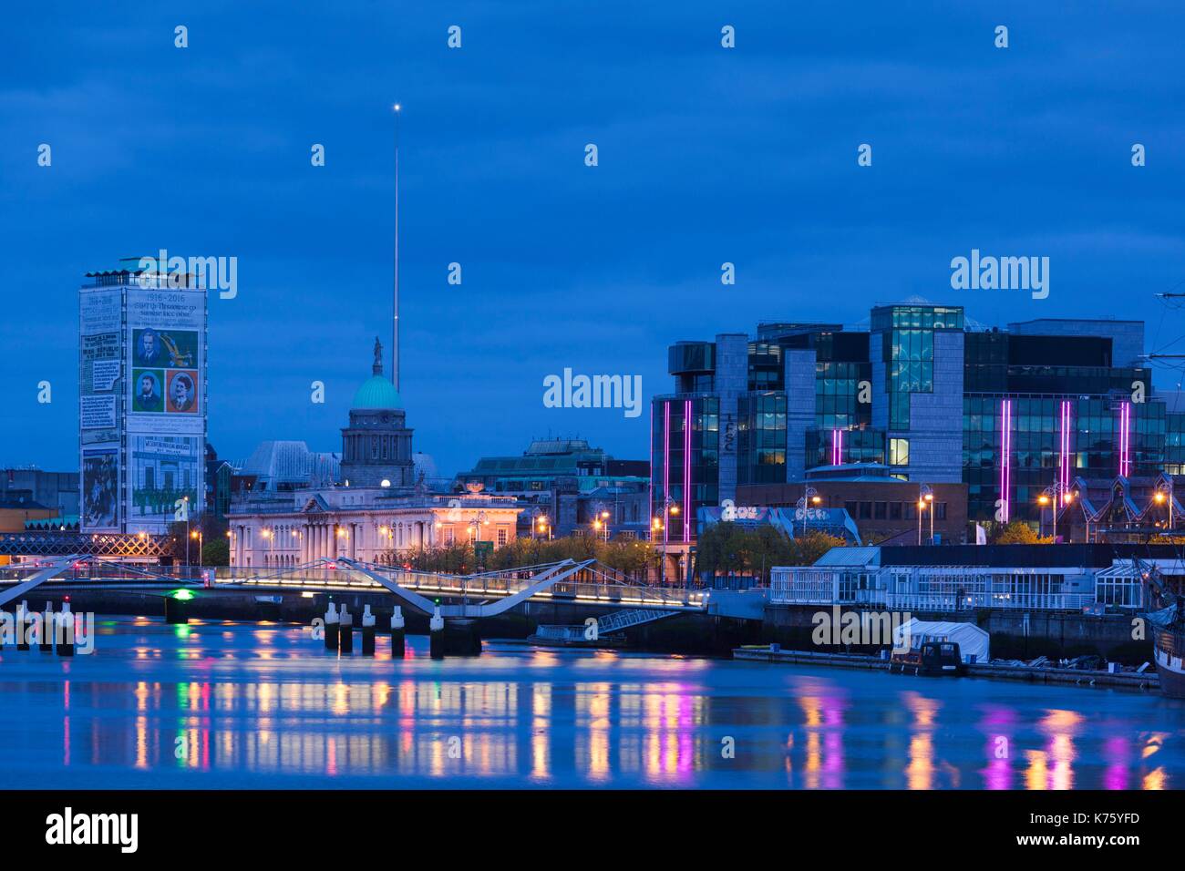 Ireland, Dublin, Docklands, Liffey Riverfront with Custom House, dawn ...