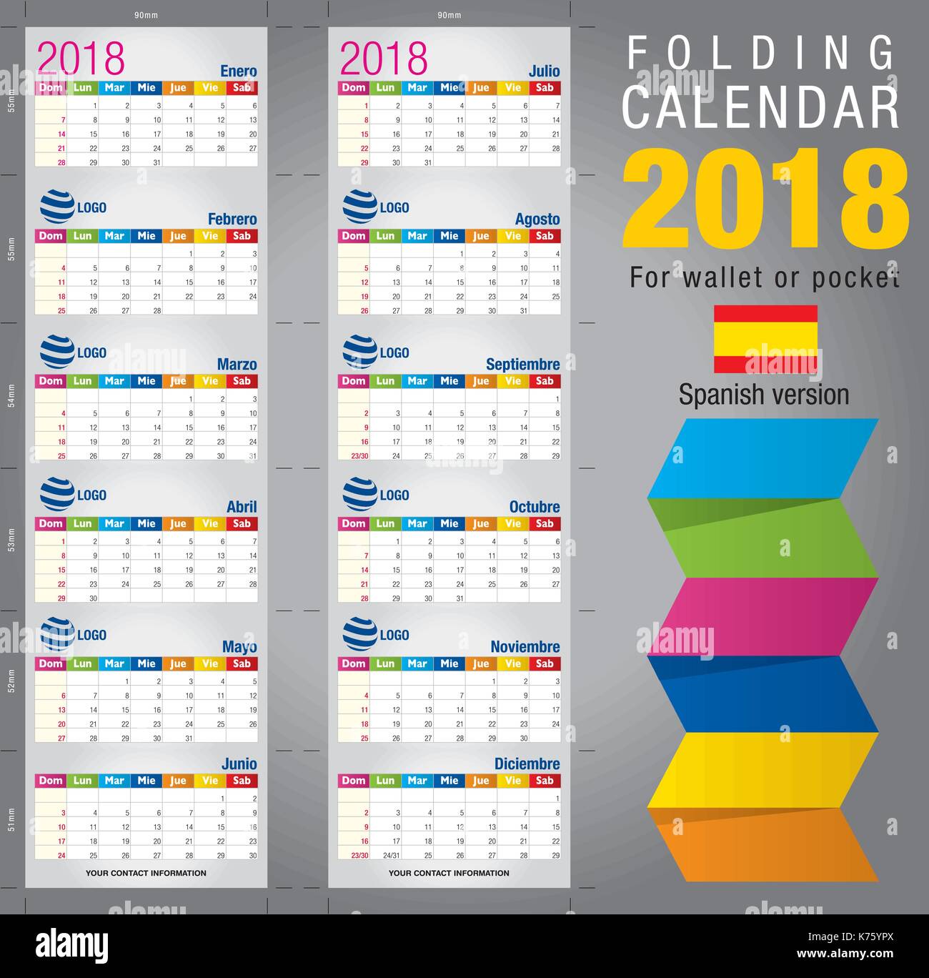 Useful foldable calendar 2018, colorful template. Open size: 90mm x ...