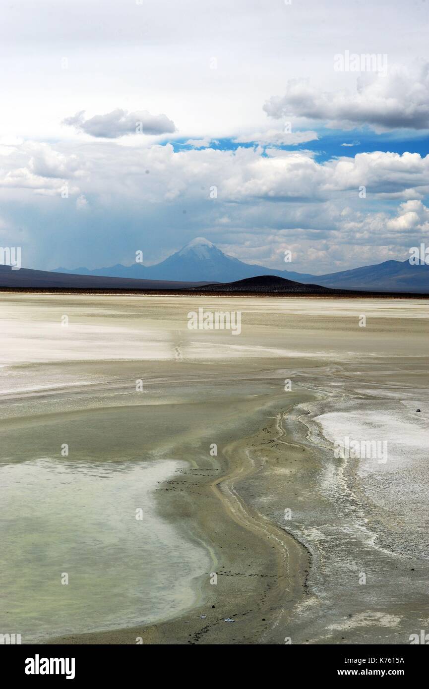 Bolivia, Macaya, Lake and Mountain landscape with Sajama volcano in ...
