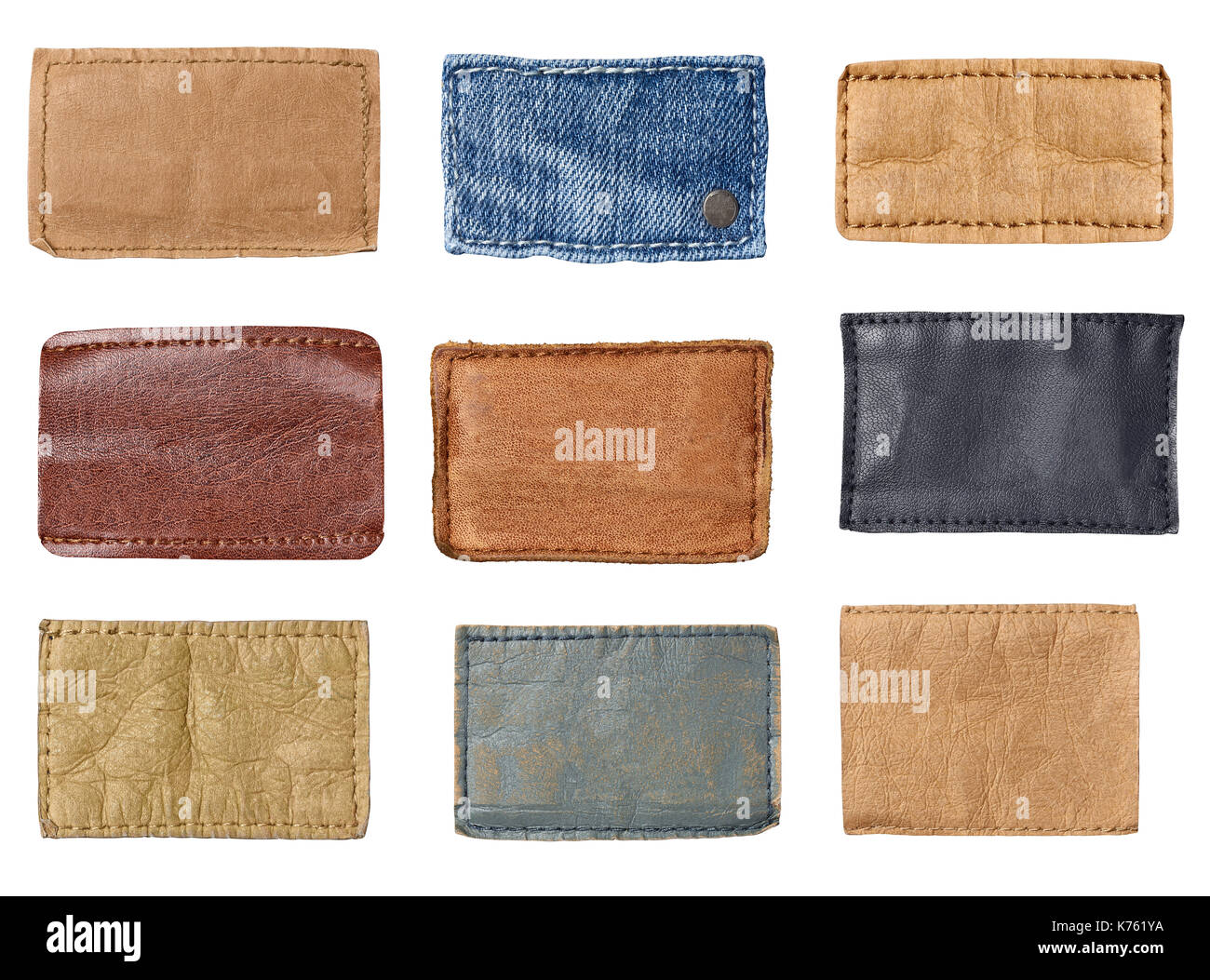 collection of various jeans labels on white background Stock Photo - Alamy