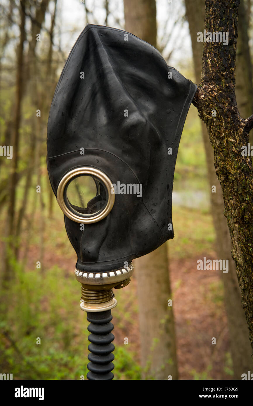 Scary authentic Russian gas mask with breathing hose abandoned in woods ...