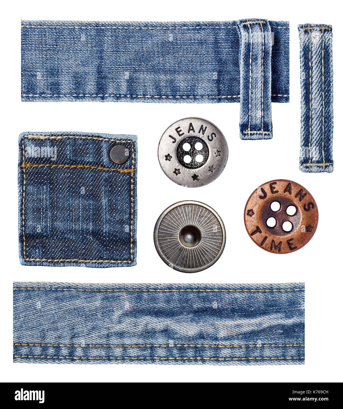 collection of various jeans parts and buttons Stock Photo - Alamy