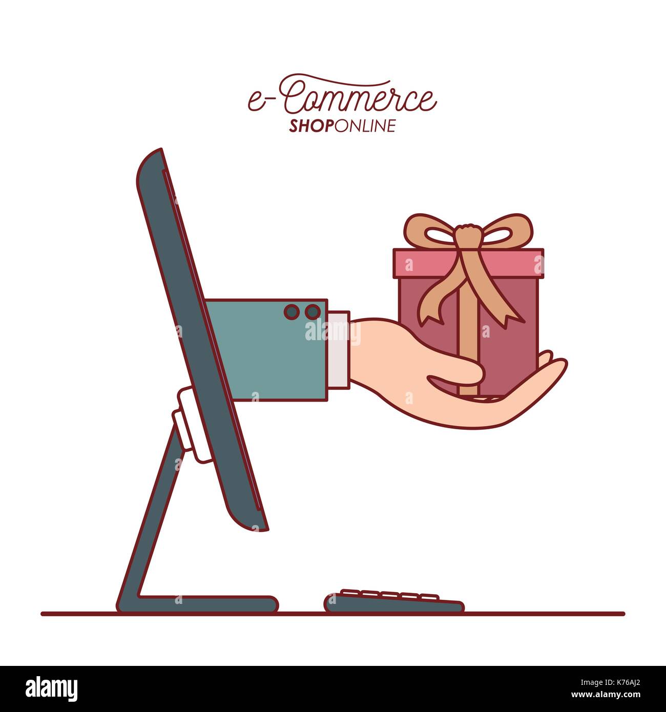 desktop computer with hand holding a small gift side view e-commerce ...