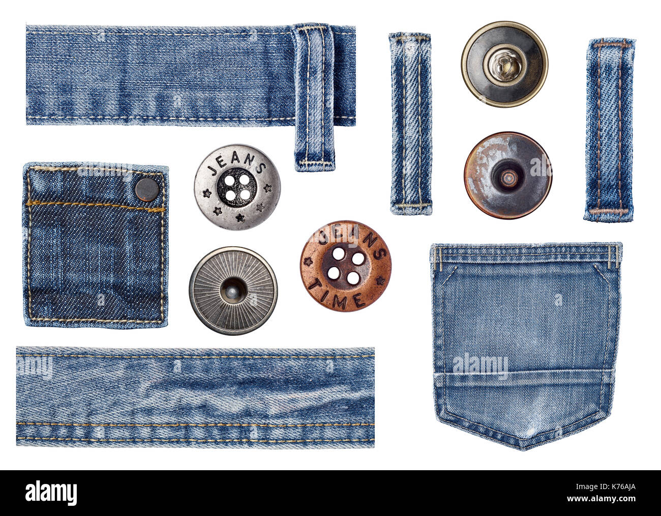 collection of various jeans parts and buttons Stock Photo - Alamy