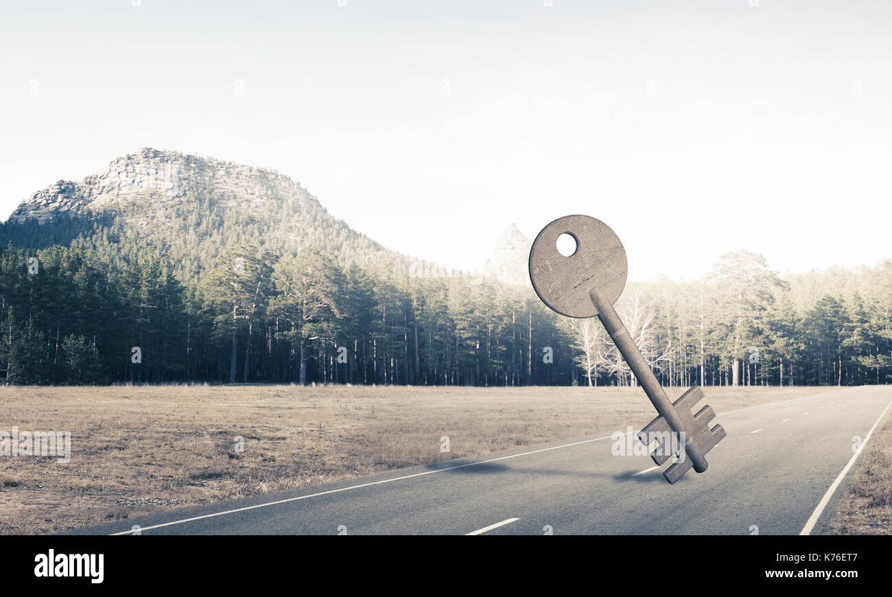 Conceptual background image of concrete key sign on asphalt road Stock ...