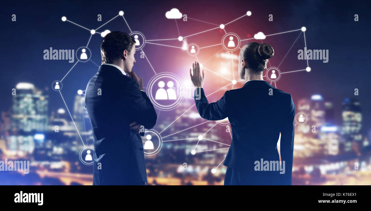 Concept of social connection and networking against night city view and ...