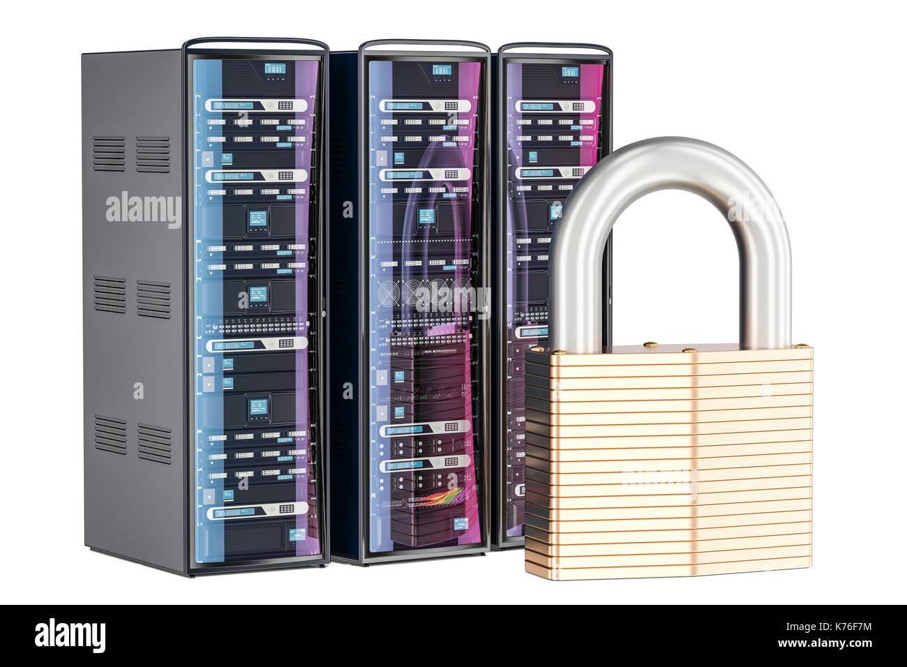 Computer Server Racks with padlock. Security and protection concept, 3D ...