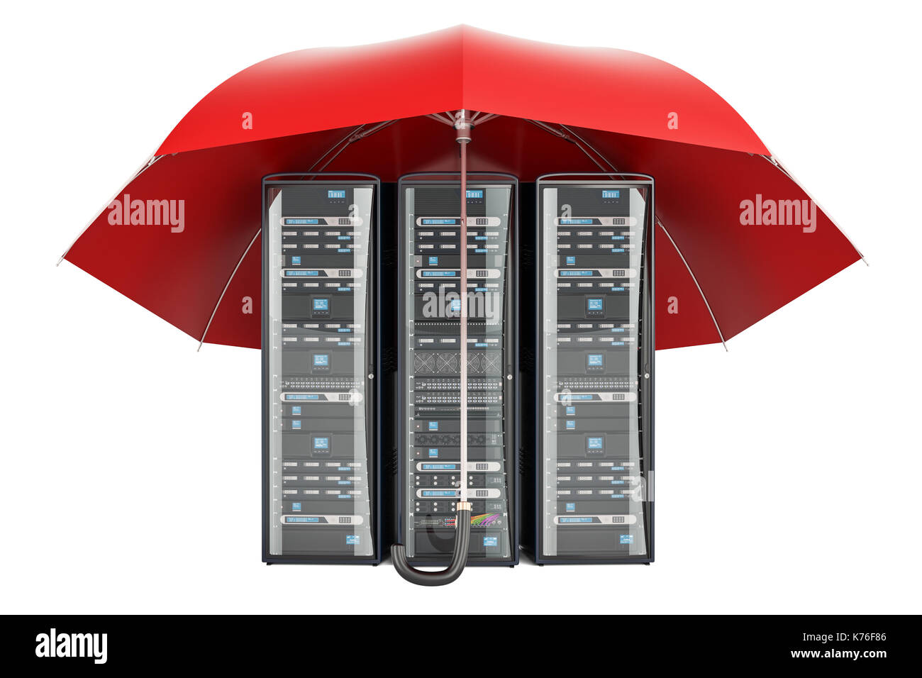 Computer Server Racks with umbrella, protection concept. 3D rendering ...