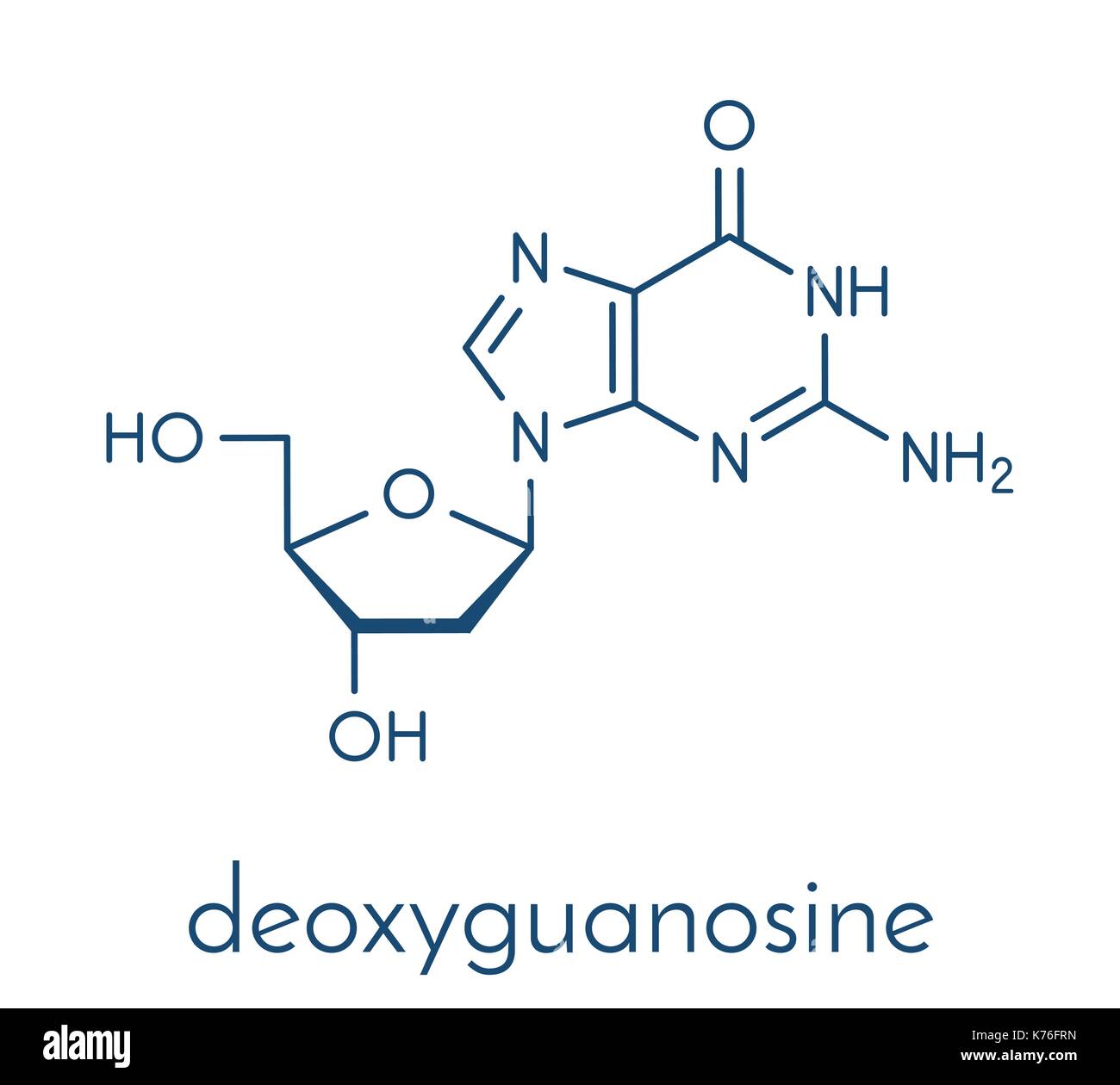 Deoxyguanosine (dG) nucleoside molecule. DNA building block. Skeletal ...