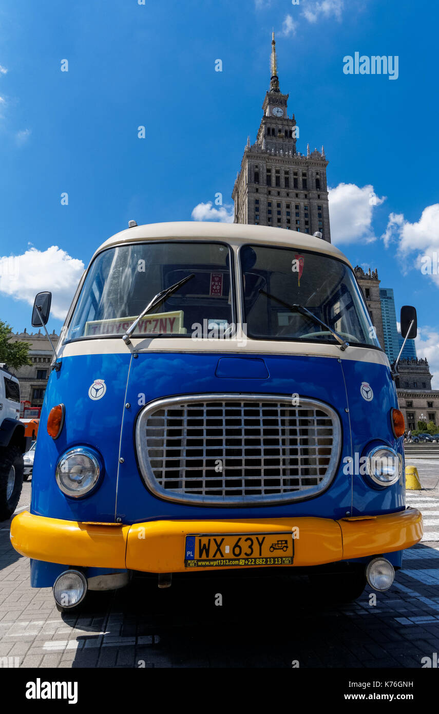 Historic bus in front of The Palace of Culture and Science ( PKiN) in ...
