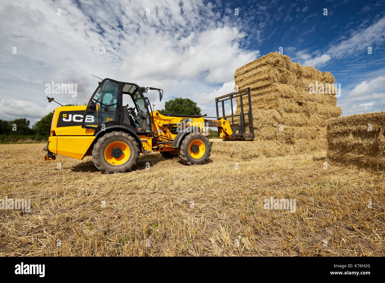 Stacking Straw bales with a JCB TM 130s during harvest UK Stock Photo ...
