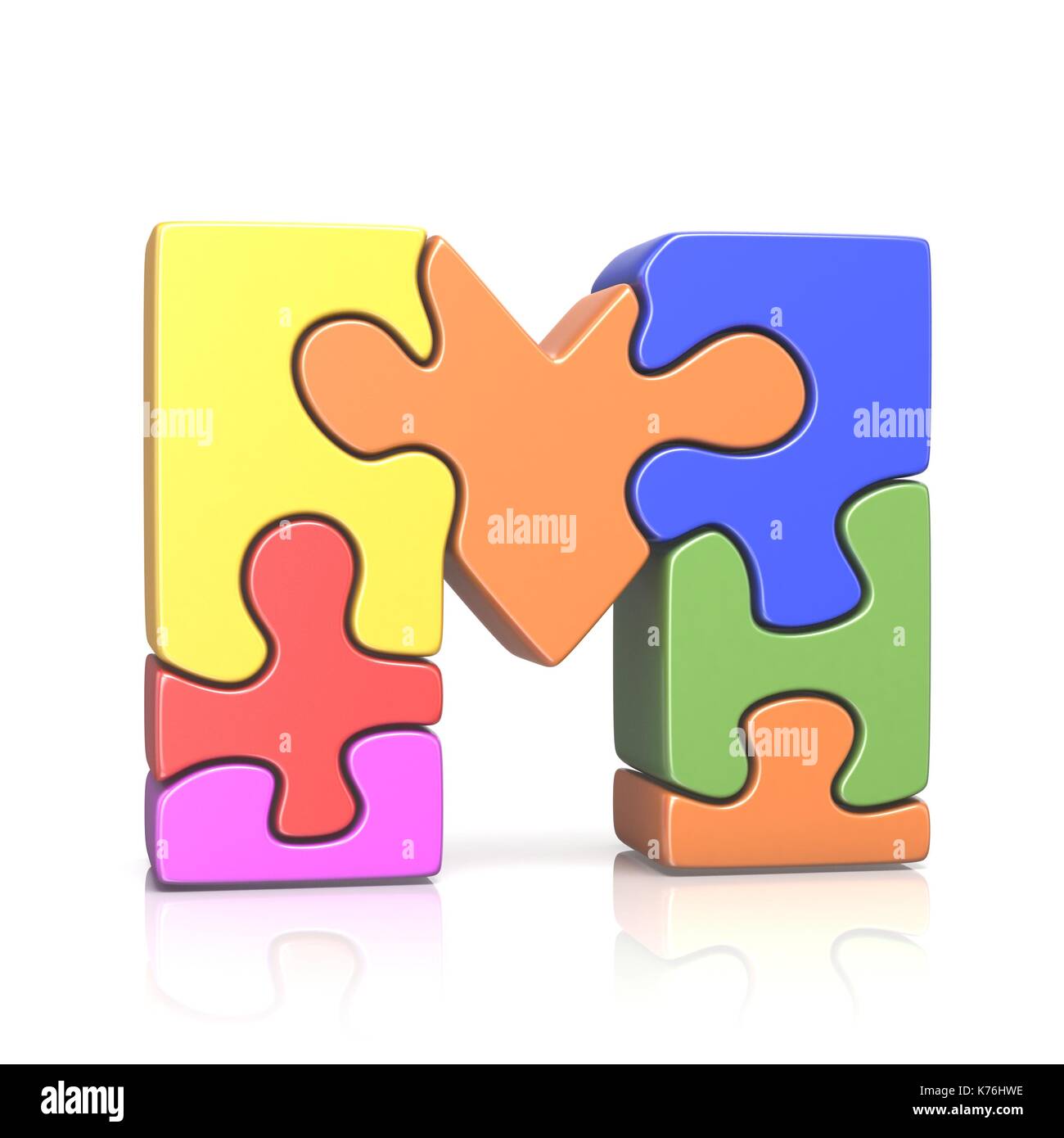 Puzzle jigsaw letter M 3D render illustration isolated on white ...