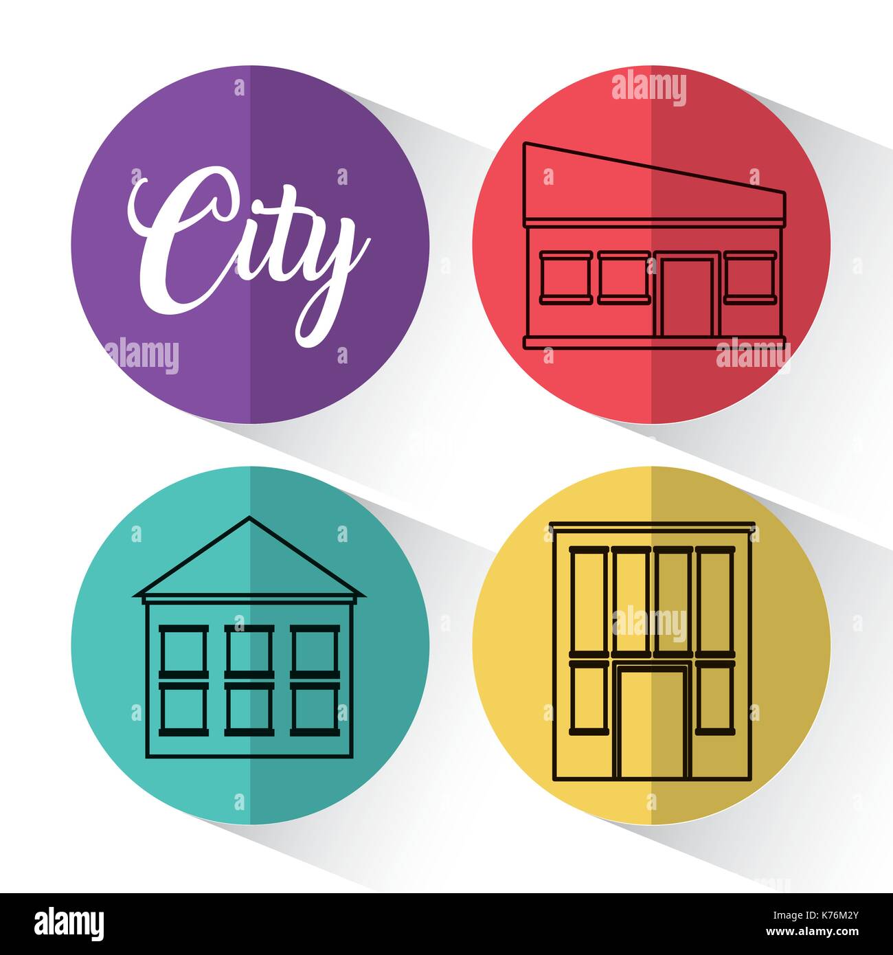 city related icons over colorful circles and white background vector ...