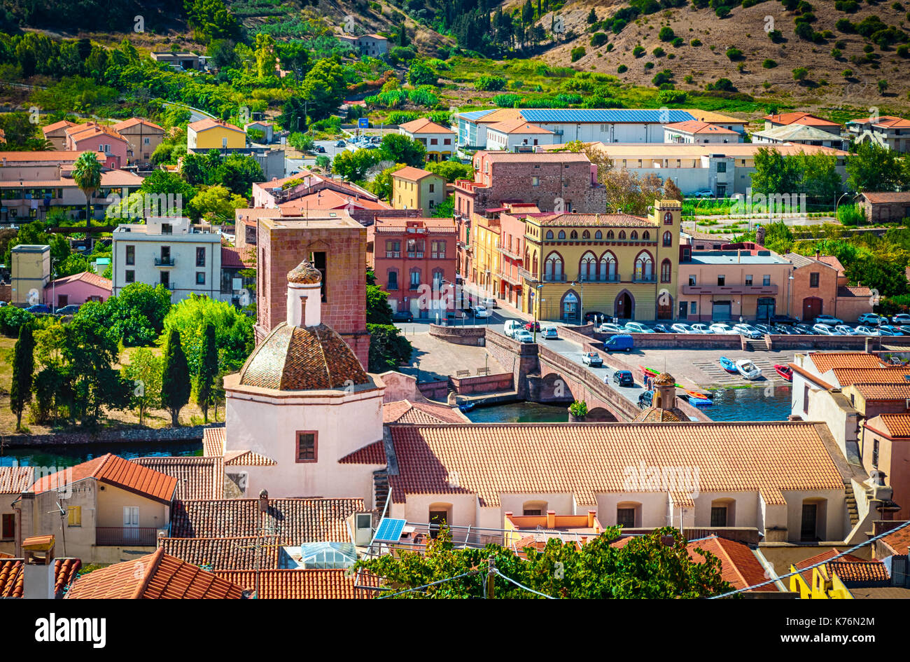 View of ancient village of Bosa on Temo river in a sunny morning of ...