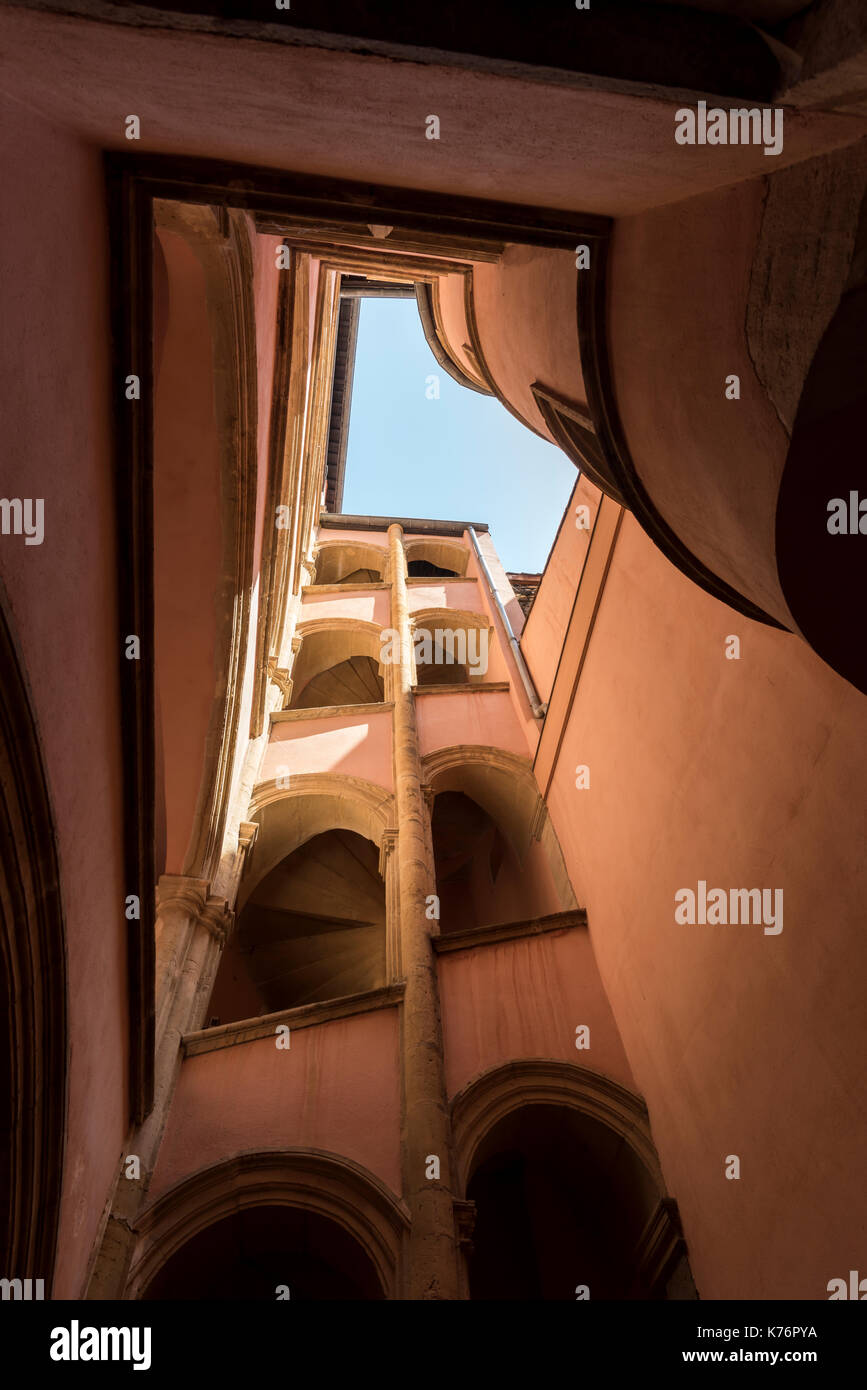 Vertical view of an interior courtyard of a medieval traboule in Vieux ...