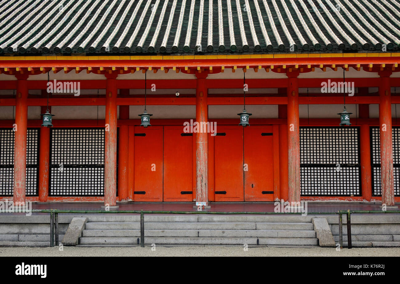 Architecture of Shinto Shrine with many hanging lanterns in Kyoto ...