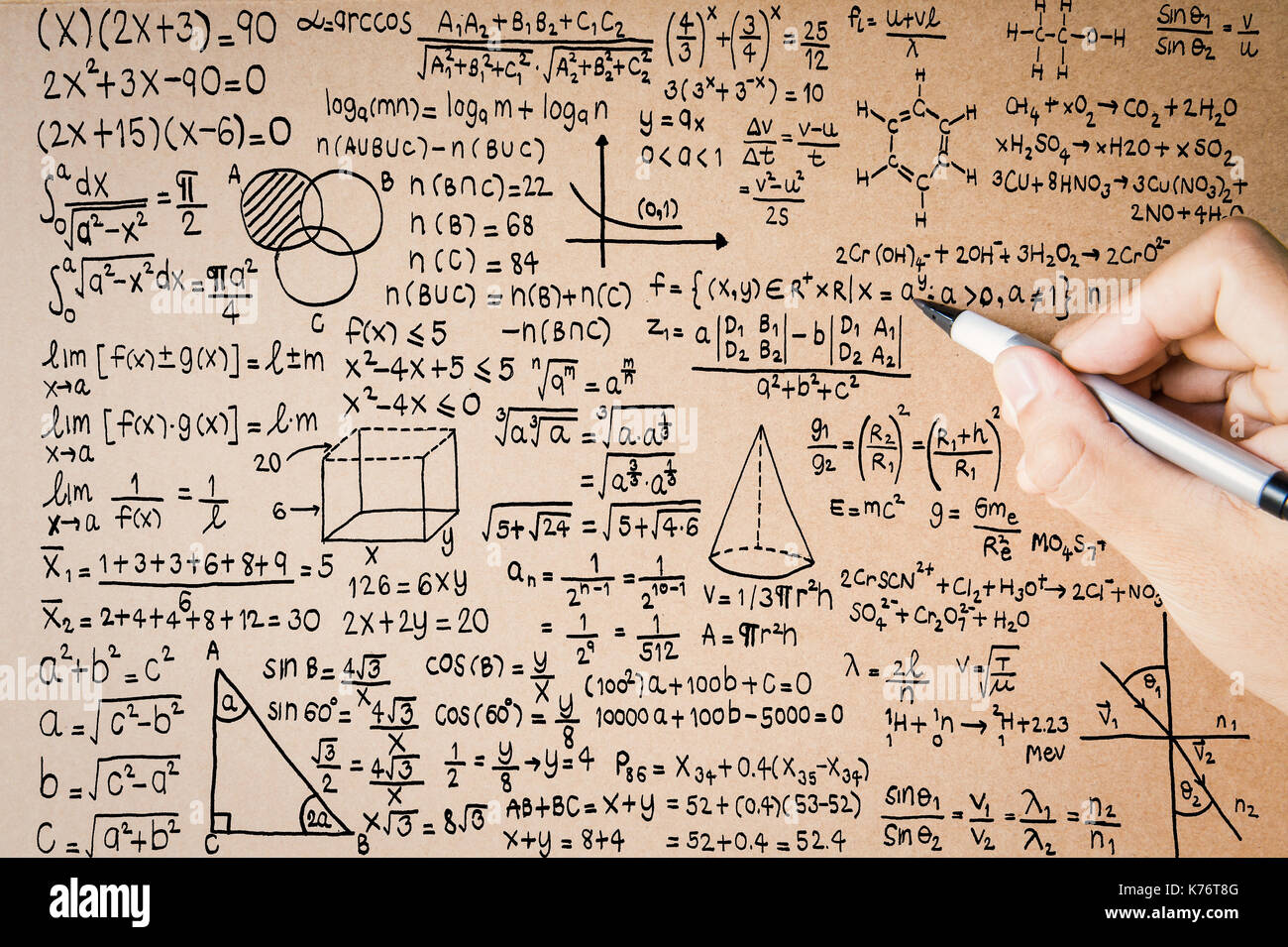 hand writing math formula on brown paper or education background Stock ...