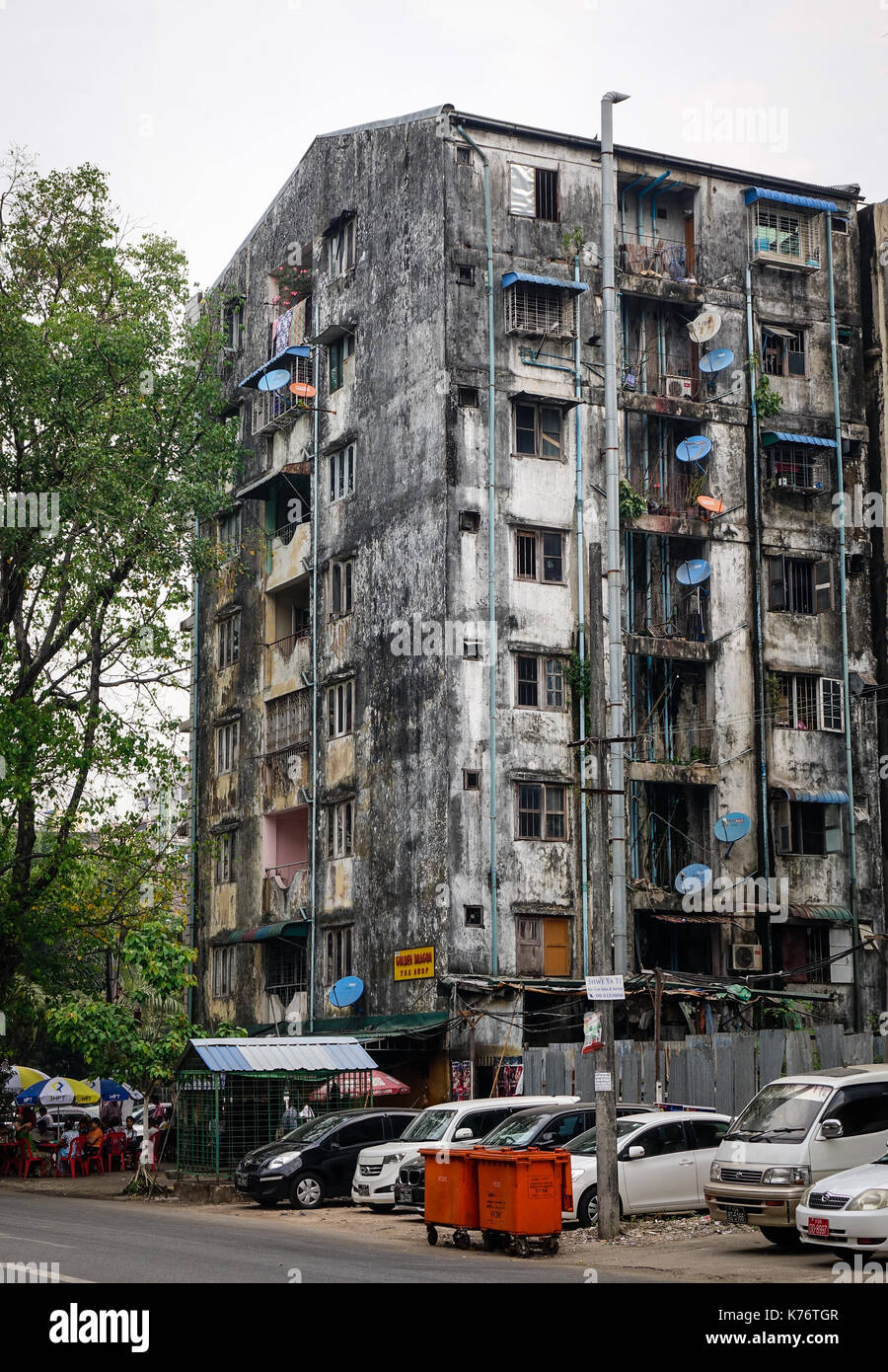 Yangon, Myanmar - Feb 27, 2016. Old apartment located at downtown in ...