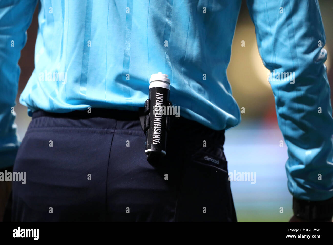 A general view of a canister of Vanishing Spray on the referee's belt ...