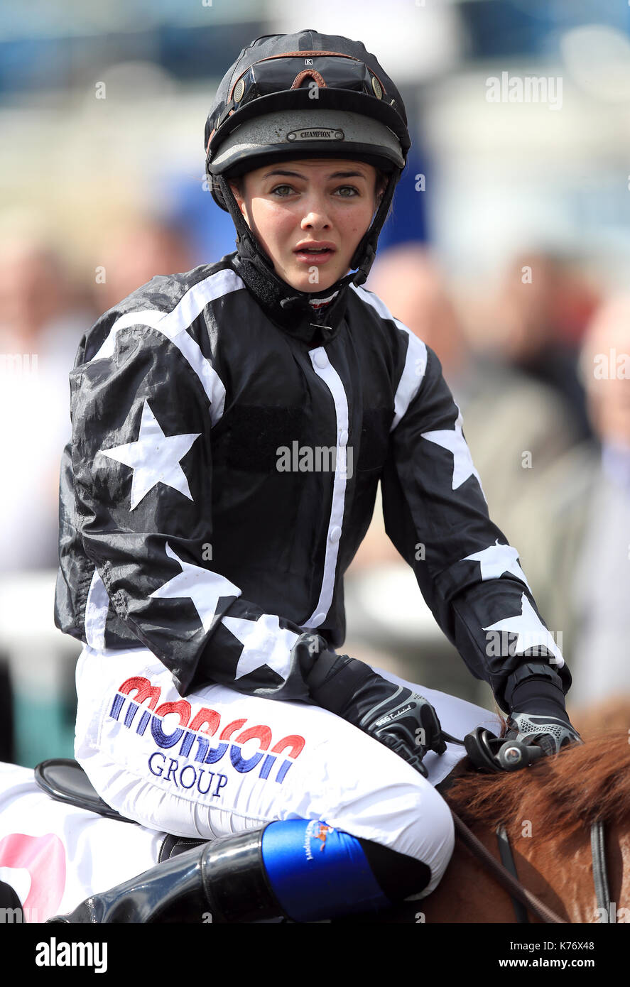 Jockey Megan Nicholls riding Paddy Power during the DFS Silk Series Lady Riders' Handicap Stock ...