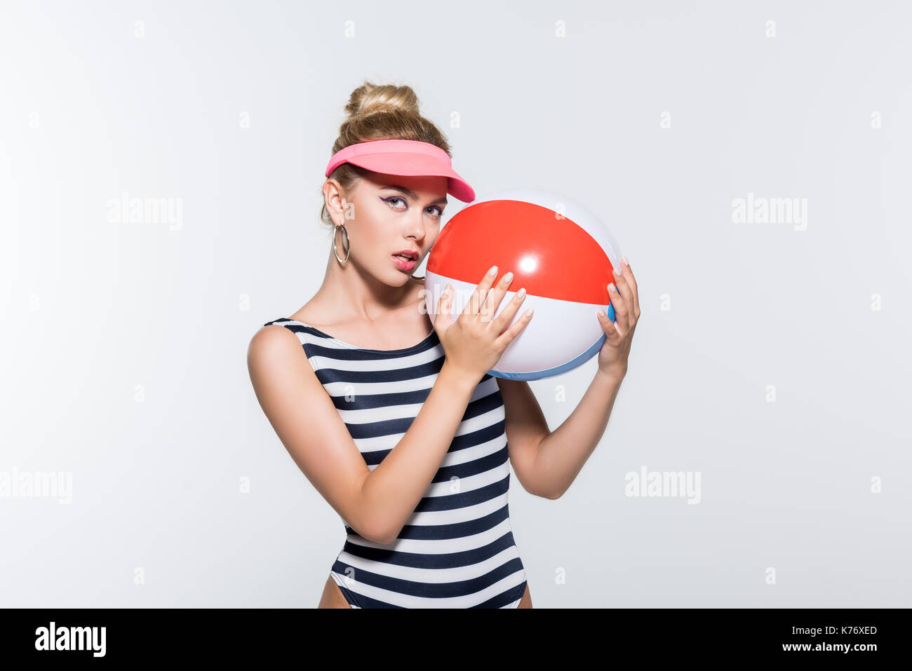 beautiful woman in swimwear with beach ball Stock Photo - Alamy