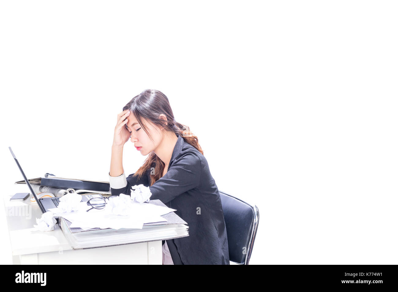 Woman tired of office work. Isolated on white Stock Photo - Alamy