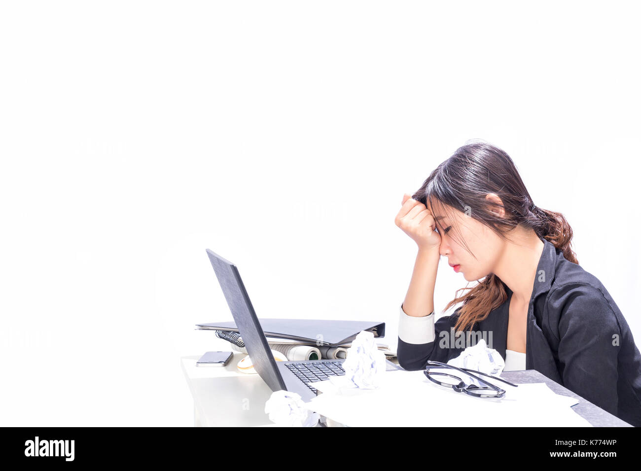 Woman tired of office work. Isolated on white Stock Photo - Alamy