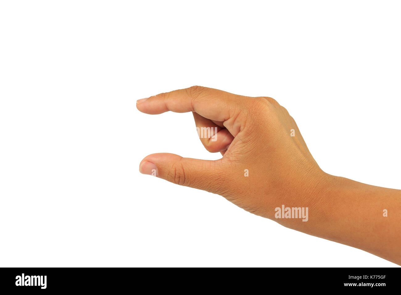 Woman hand holding some like object isolated on a white background ...