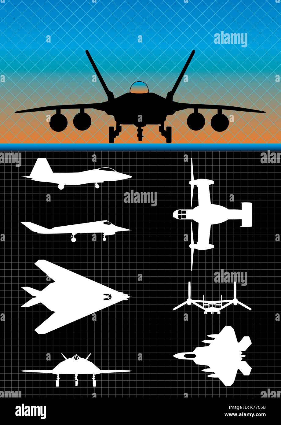 Silhouettes of different types of military aircraft on black background ...