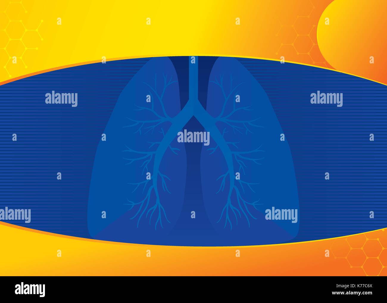 Blue background with drawing of lungs in the center with yellow bands ...