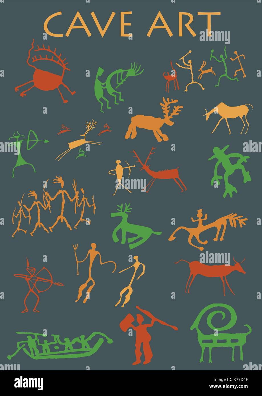 Set of abstract drawings of Cave Art in gray background - Vector image ...