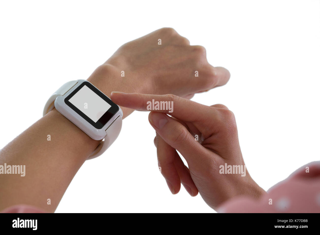 Womans hand using smartwatch against white background Stock Photo - Alamy