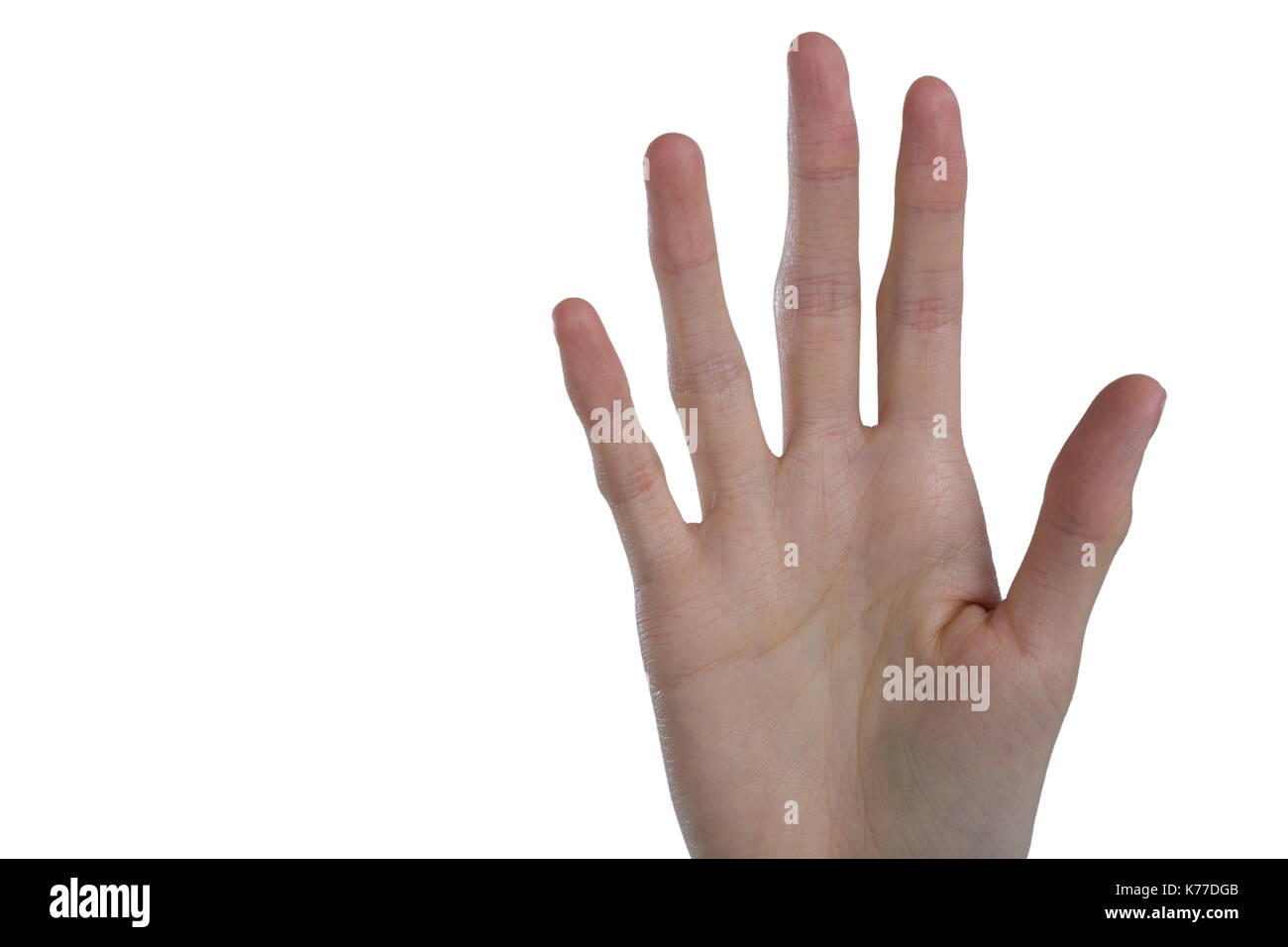 Womans hand using invisible screen against white background Stock Photo ...